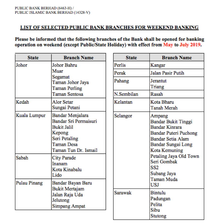 Public Bank Will Be Operating Some Of Its Branches During The Weekends ...
